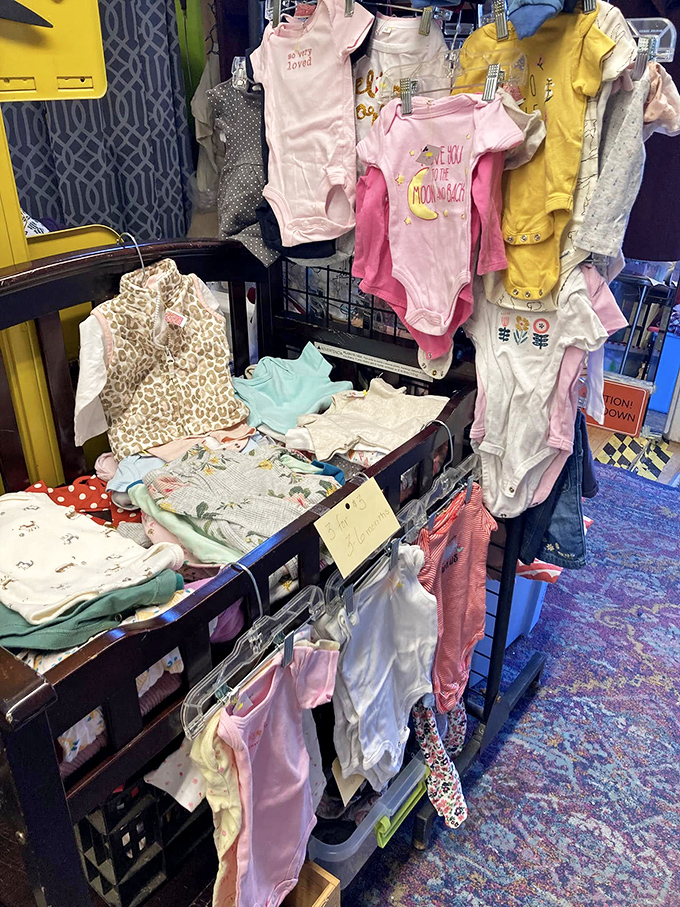Tiny onesies and baby clothes overflow like a pastel waterfall – parents of growing humans, rejoice!