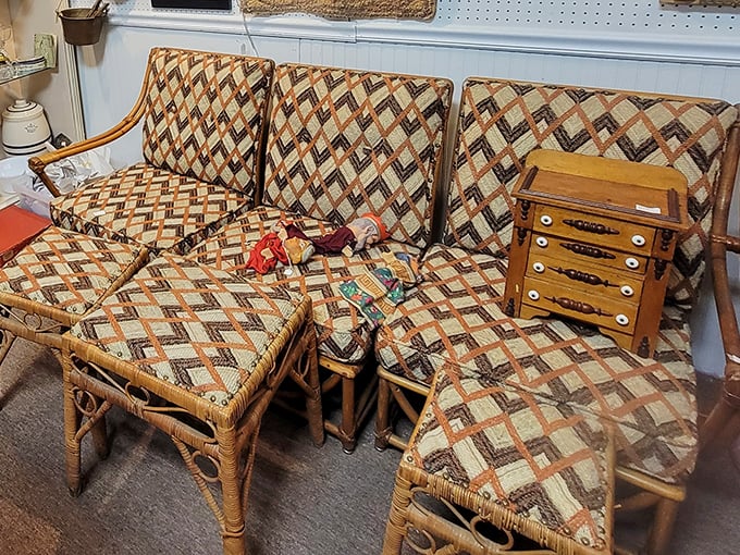 That pattern! This mid-century rattan furniture set is what your grandparents' Florida room aspired to be in 1965.