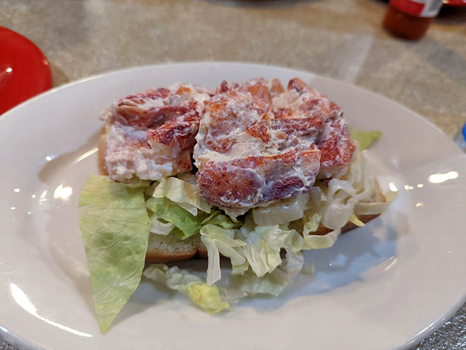 Look at this! The generous, creamy lobster meat piled high, a true taste of New England bliss right here in sunny Florida.