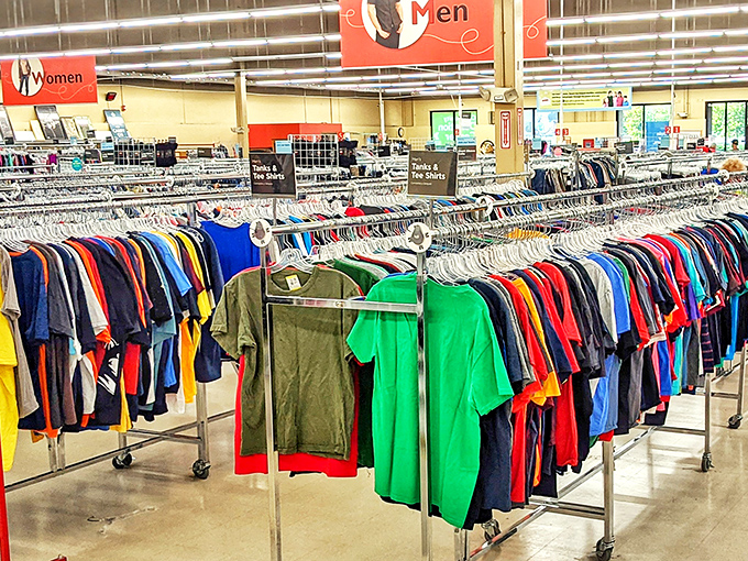 The men's section: where vintage band tees mingle with barely-worn button-ups, creating a fashion time capsule for the taking.