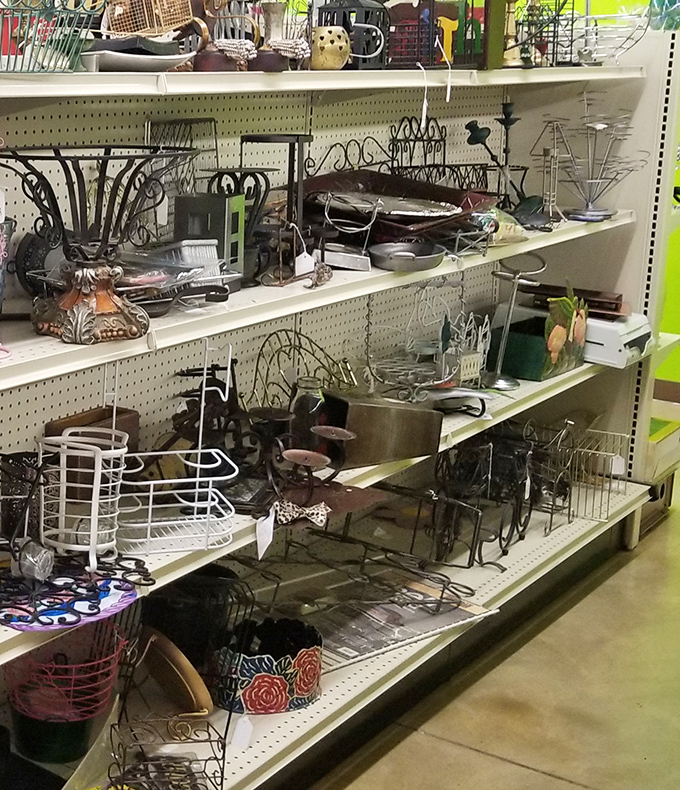 Metal plant stands and candle holders galore&mdash;proof that one person's "I don't have room for this" is another's "perfect for my patio!"