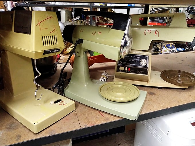 Retro kitchen appliances in harvest gold glory. That mint-condition mixer has probably whipped up more birthday cakes than Betty Crocker herself.