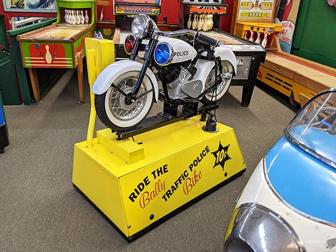 The "Ride the Police Traffic Bike" kiddie ride&mdash;where a nickel once bought the thrill of being Officer Friendly in a world before video games.