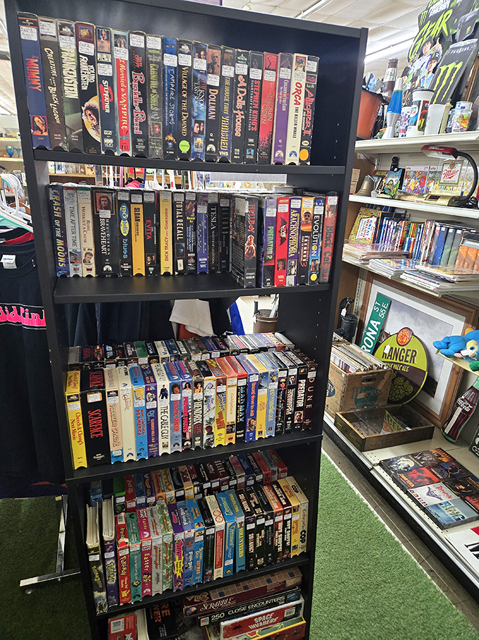 VHS tapes arranged like precious artifacts, which is exactly what they've become in our streaming-obsessed world.