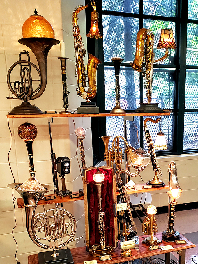 Not your average lamp shop! Retired brass instruments enjoy their second act as illuminating conversation pieces. Jazz clubs may weep at their absence.