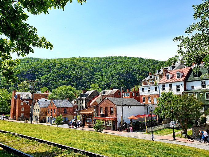 Summer greenery frames this hillside view of brick and clapboard buildings, where every structure tells a story older than your grandmother's recipes.