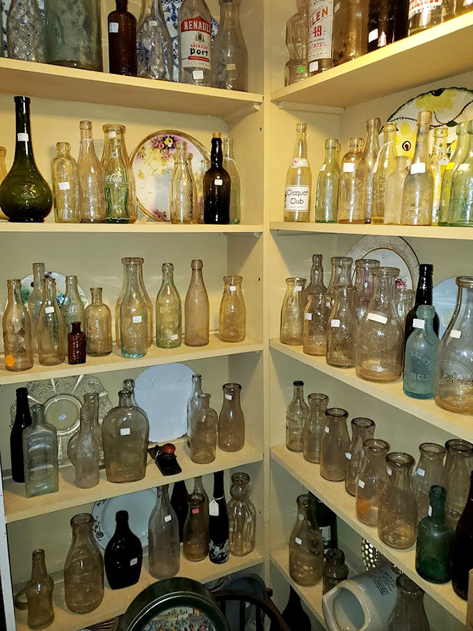 Shelves of vintage bottles catch the light like liquid time capsules from America's past.