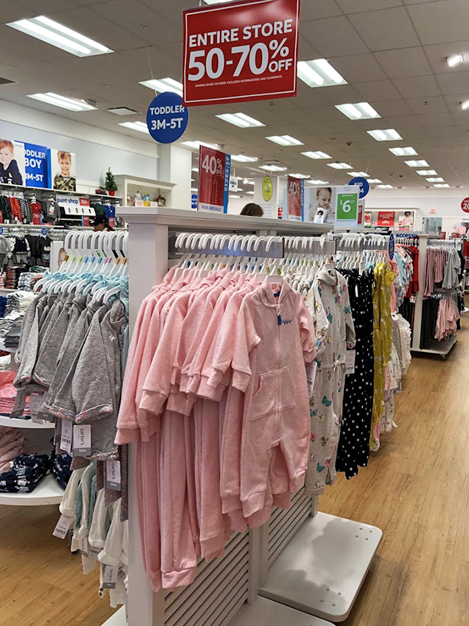 Children's clothing sections organized by size make outfitting rapidly growing humans slightly less financially terrifying than usual.
