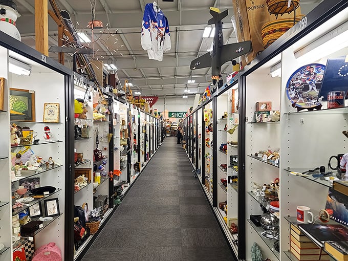 Glass cases display collectibles with museum-quality organization but refreshingly approachable price tags throughout.