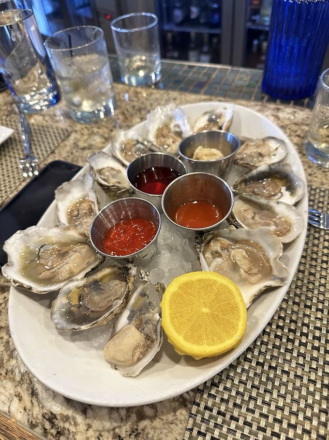 A dozen glistening oysters on ice with three dipping sauces&mdash;proof that the ocean's finest treasures can indeed find their way to Kansas.