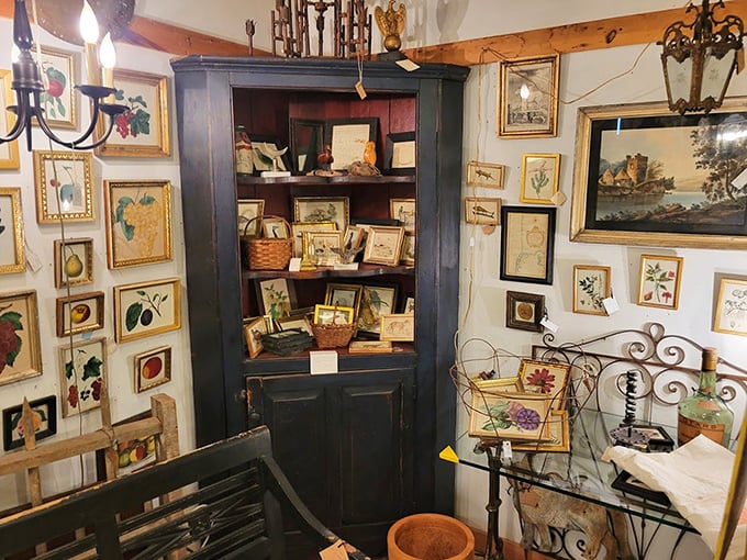 Ornate frames and folk art create gallery-worthy displays that transform shopping into an art appreciation experience.