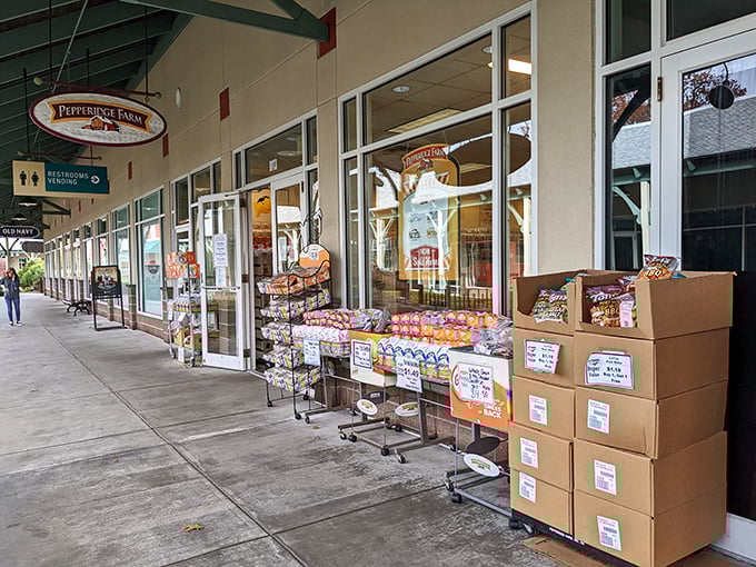 Pepperidge Farm's storefront showcases baked goods that transport you back to grandma's kitchen. Cookies that taste like childhood memories, now at outlet prices.