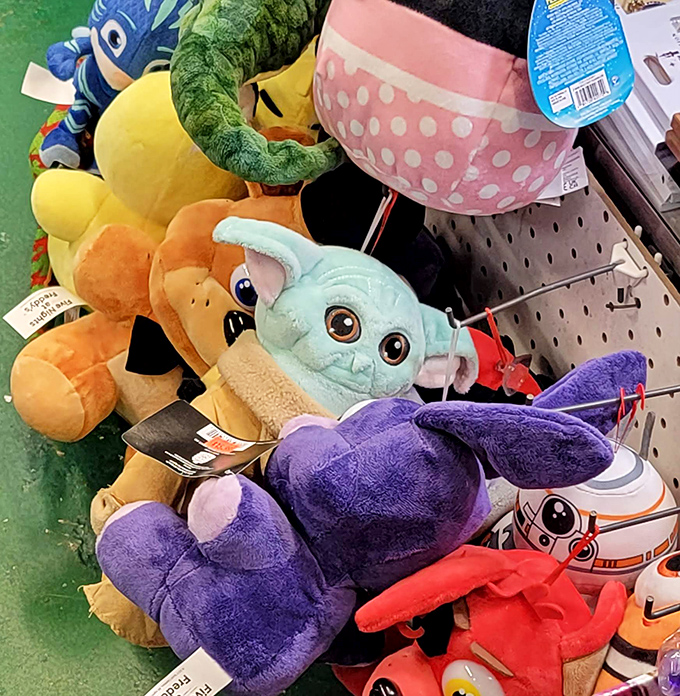 Plush characters from galaxies far, far away wait patiently to be adopted into homes where they'll never be forced to watch bad sequels.