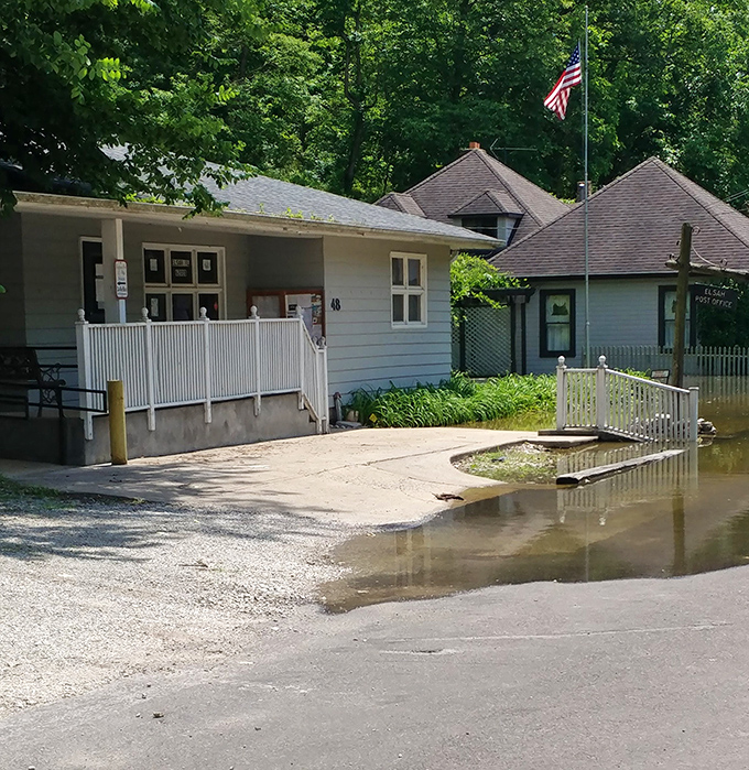 When flooding visits Elsah, locals take it in stride. This post office has seen high water before and will undoubtedly see it again. 