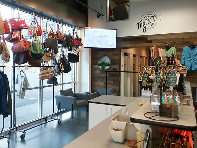 The "try it on" area feels more boutique than bargain, with comfy seating and a modern aesthetic that says "we respect your shopping journey."