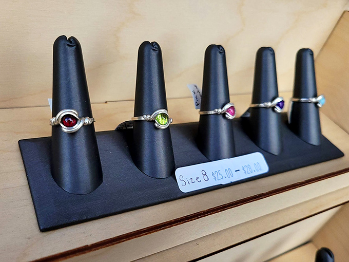 Delicate wire-wrapped rings catch the sunlight like Montana's streams. Simple elegance that won't break the bank but will catch compliments all day long.