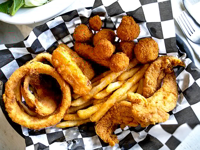 The sampler platter: where indecision becomes a virtue. Golden-fried everything with a side of "I'll diet tomorrow."
