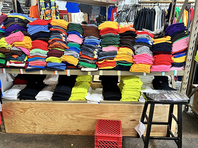 Every color of the rainbow in polo shirts &ndash; because variety is the spice of flea market life.