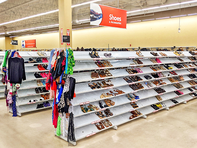 The shoe section: where cowboy boots with stories to tell sit alongside barely-worn designer heels that someone's podiatrist convinced them to surrender.