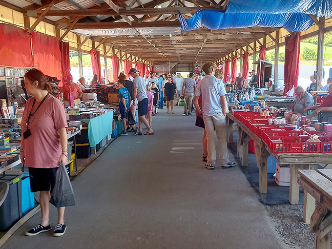 The covered outdoor section buzzes with weekend warriors. Like bees to honey, shoppers navigate this treasure-filled corridor.