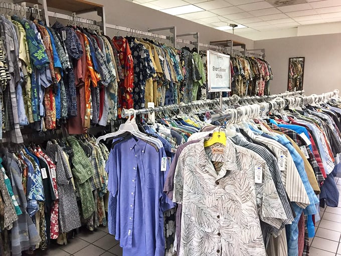 A tropical shirt paradise where vintage patterns tell stories of decades past and vacations that clearly went sideways.