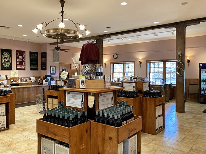 The tasting room displays bottles like a library of liquid happiness, each one waiting to tell its story.