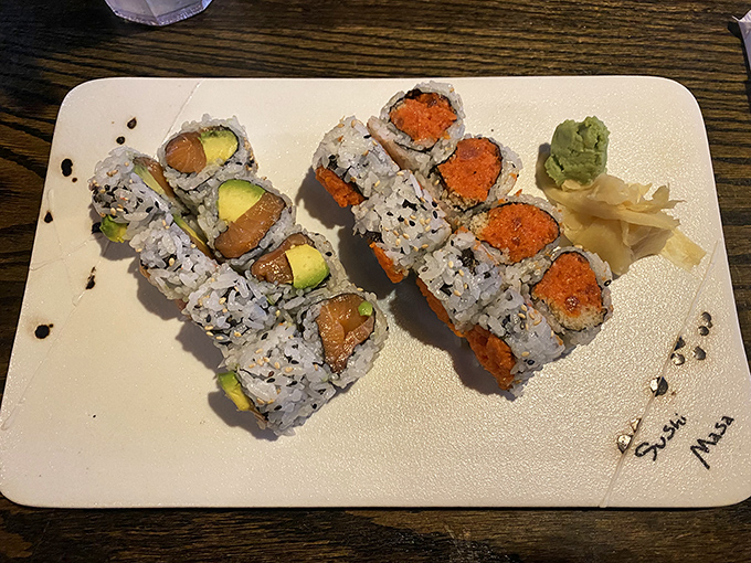 These rolls aren't just playing dress-up&mdash;they're the real deal, with salmon and avocado pairing up like the culinary equivalent of a power couple.