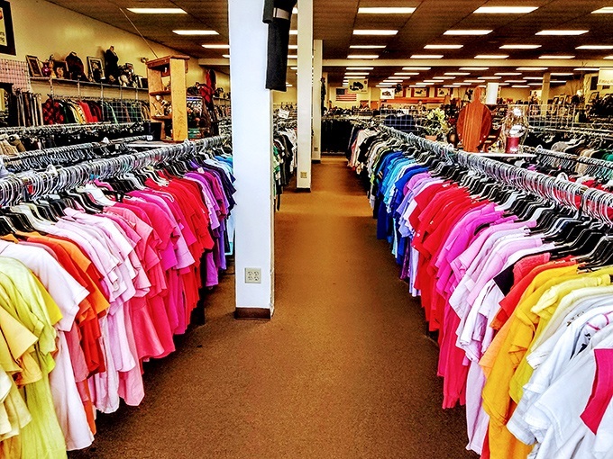 The clothing aisles stretch like a colorful canyon of possibilities, each hanger holding someone's past and another person's future find.