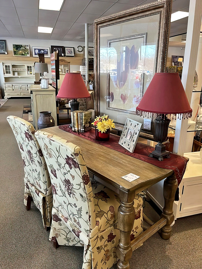 Vintage lamps cast warm glows over furniture displays, creating tableaux worthy of home d&eacute;cor magazines with sensible budgets.