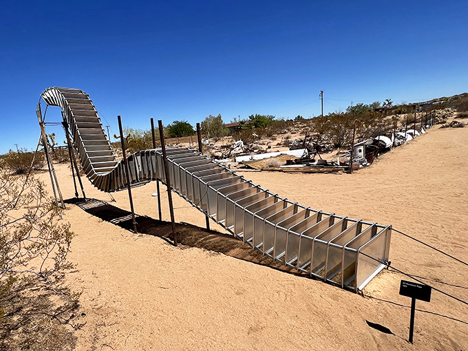 All aboard the junk train to nowhere! This locomotive assemblage of household castoffs chugs eternally through an ocean of sand.