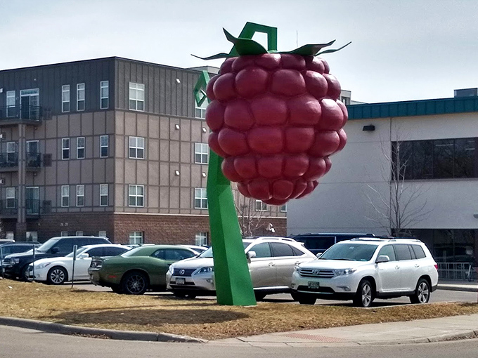 Urban berry meets suburban landscape. The raspberry adds a pop of whimsy to an otherwise ordinary parking lot.