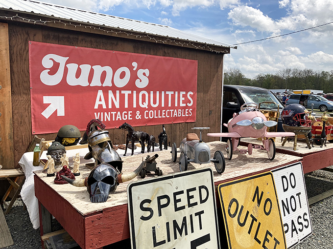 Juno's Antiquities: where vintage road signs and military helmets create the world's most interesting design aesthetic. Your living room needs this.