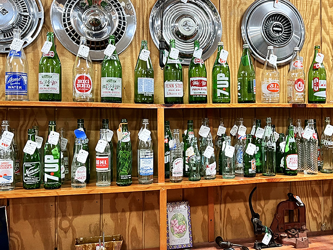 A liquid history lesson lines these shelves &ndash; vintage soda bottles that once quenched thirsts long before anyone worried about high-fructose corn syrup.