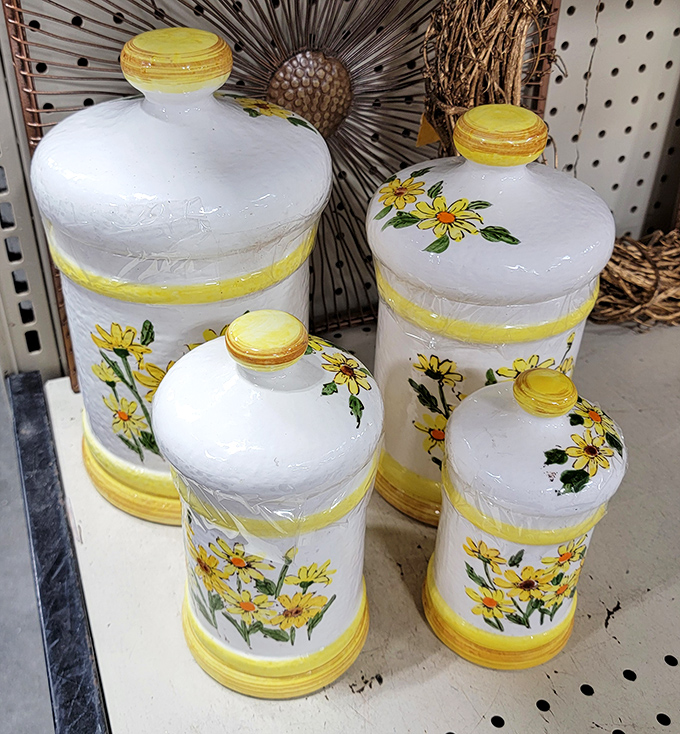 Vintage daisy canisters that grandmother would recognize instantly. These ceramic time travelers have held flour and sugar through decades of family recipes.