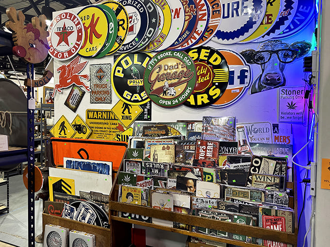 The vintage sign collection is a roadmap of American advertising history. Remember when gas stations had personality instead of just apps?