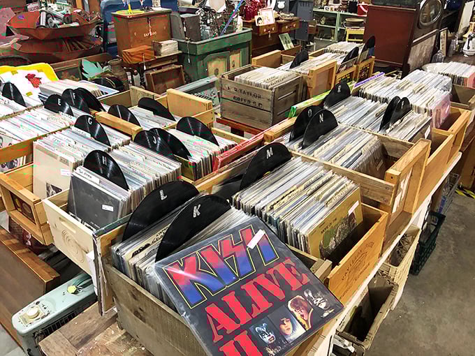 Vinyl heaven awaits with Kiss keeping watch – because nothing beats the warm crackle of a record on Sunday morning.