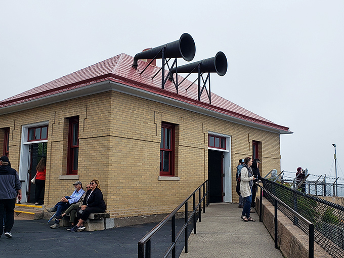 The fog signal building, where lighthouse keepers once operated equipment loud enough to wake sailors (and probably fish) from miles away. Earplugs not included.