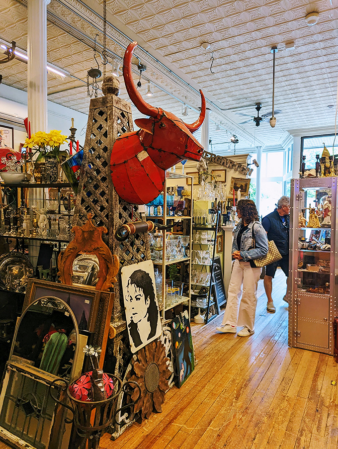 Here&rsquo;s a fun surprise: a bright red bull sculpture greets you like an old friend with a flair for drama, lending the shop a burst of playful energy.