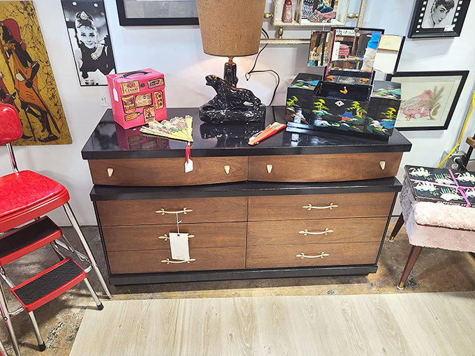 Mid-century walnut meets modern sensibility in this dresser that Don Draper would fight you for. The brass hardware alone is worth the drive.