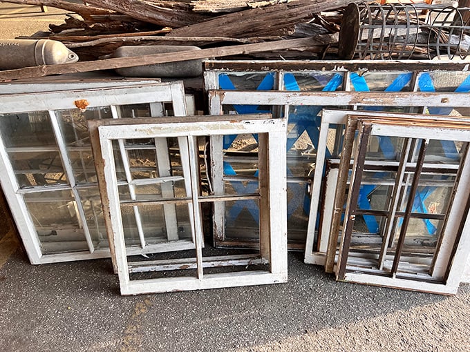 Architectural salvage at its finest&mdash;these weathered window frames aren't just old glass and wood, they're portals to your next Pinterest-worthy project.