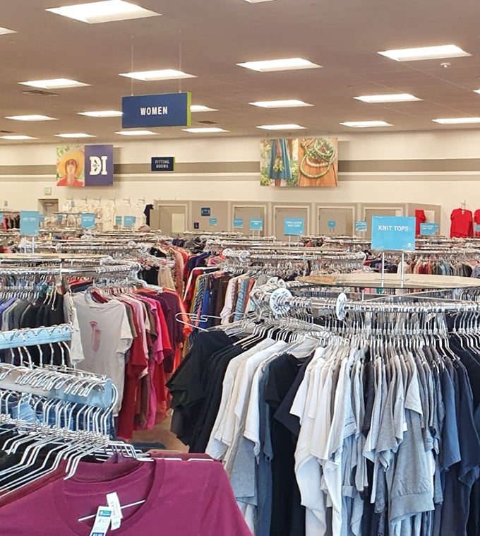 The women's clothing section stretches toward the horizon, a textile sea where fashion trends of every decade come to mingle.