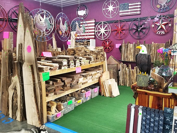 Patriotic decor meets rustic charm in this wood wonderland. That eagle statue is judging your home's lack of Americana.