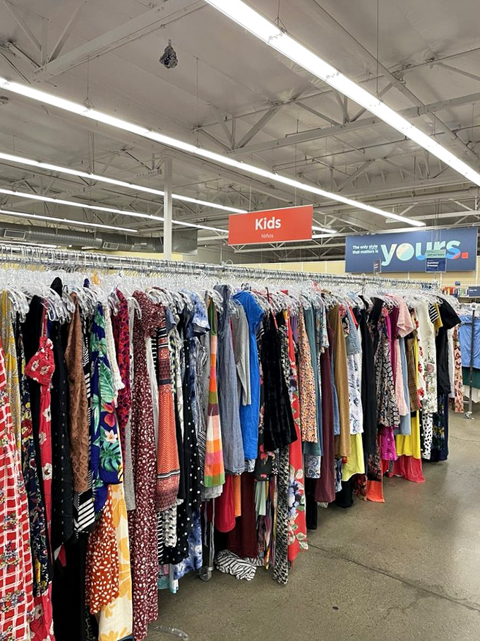 The kids' section explodes with color like a rainbow after a retail storm, proving style has no minimum age requirement.