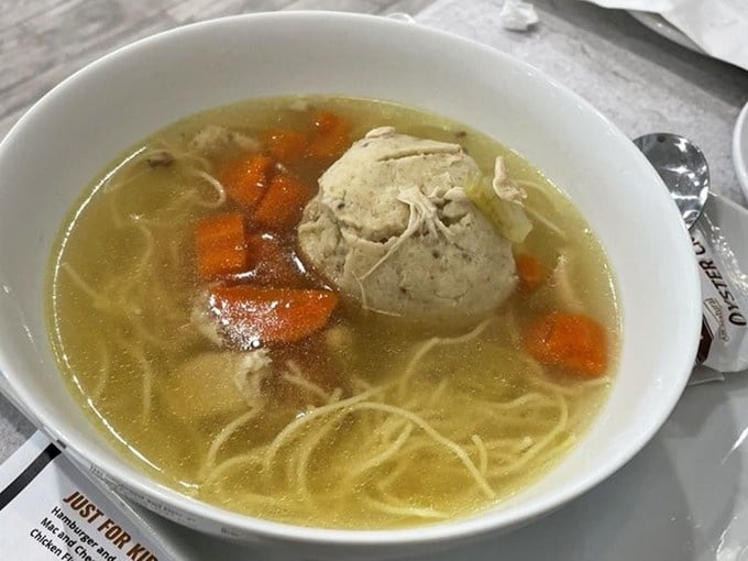 Matzo ball soup with a proper swimming-pool-sized dumpling floating in golden broth that could cure anything that ails you.