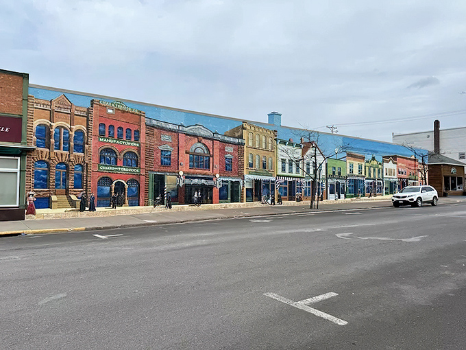Ashland's stunning mural stretches an entire city block, turning an ordinary wall into a vibrant storybook of the town's colorful past.