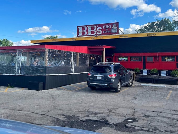 B.B.'s vibrant exterior hints at the lively combination of blues and barbecue that awaits inside.