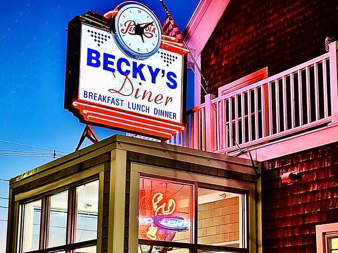 Becky's neon sign glows against the twilight sky&mdash;a lighthouse for the breakfast-hungry souls of Portland's waterfront.