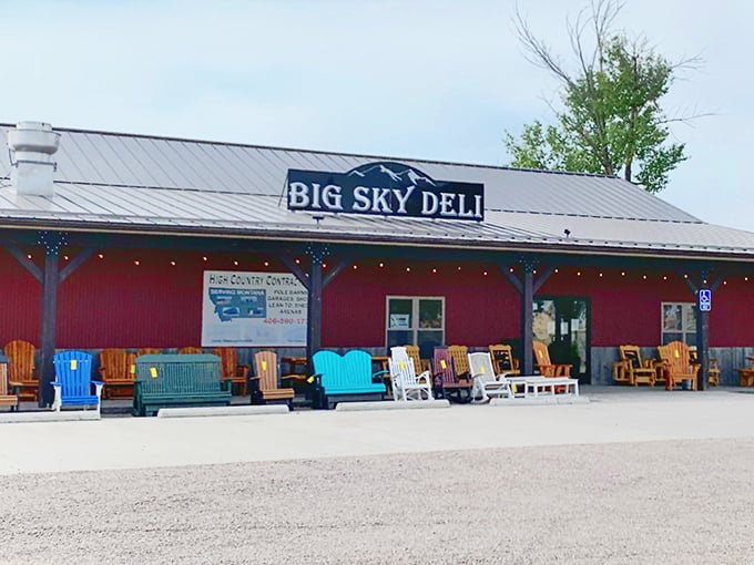 Big Sky Deli's cheerful red exterior and rainbow chairs are like a Montana welcome mat for hungry travelers.