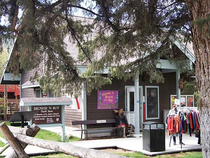 Browse N Buy's charming cabin exterior nestled among pine trees feels more like a woodland retreat than a thrift store.