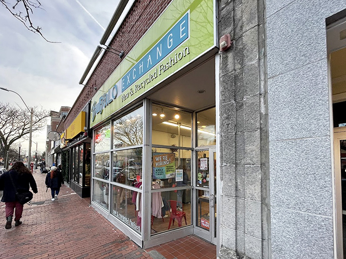 Buffalo Exchange's bright green storefront on Elm Street practically shouts "trendy finds at thrift store prices!"